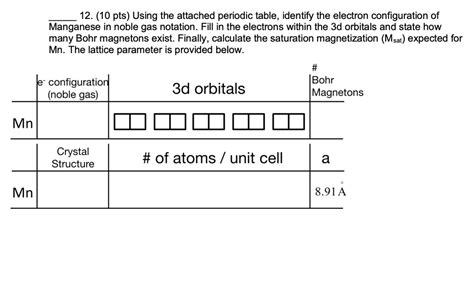 Solved 12 10 Pts Using The Attached Periodic Table Identify The Electron Configuration Of