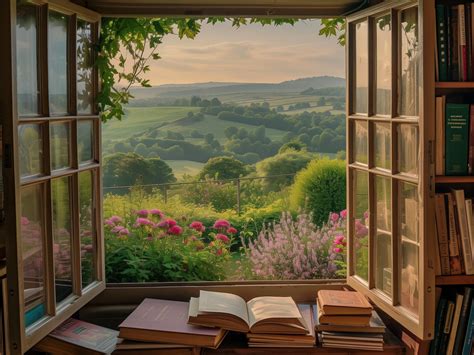 English Country Garden View Cottage Window Landscape Painting