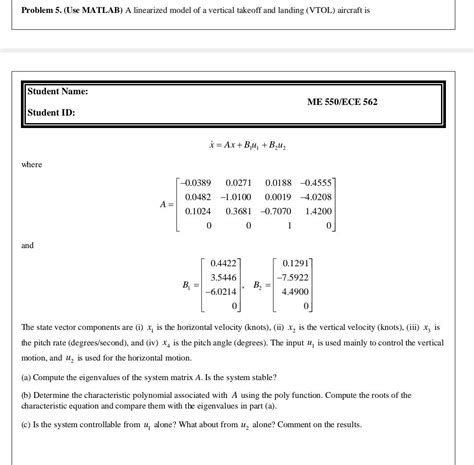 Problem 5 Use Matlab A Linearized Model Of A