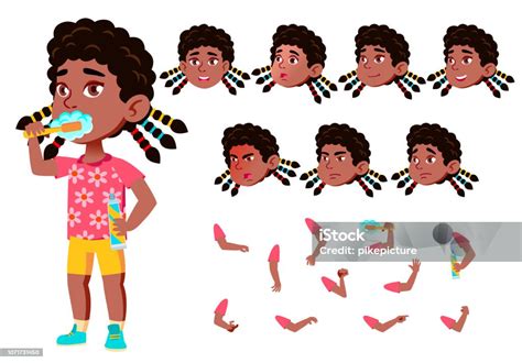 여자 아이 아이 십 대 벡터 블랙입니다 아프리카 미국입니다 활성 귀여운입니다 응원 아주 감정 다양 한 제스처를 얼굴 애니메이션 만들기 세트입니다 플랫 만화 캐릭터 일러스트를