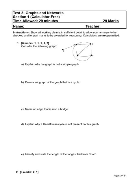 2021 Test 3 Graphs And Networks Pdf Mathematical Concepts