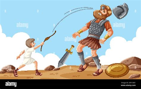 Davids Victory Over Goliath Using A Stone From His Sling Stock Vector