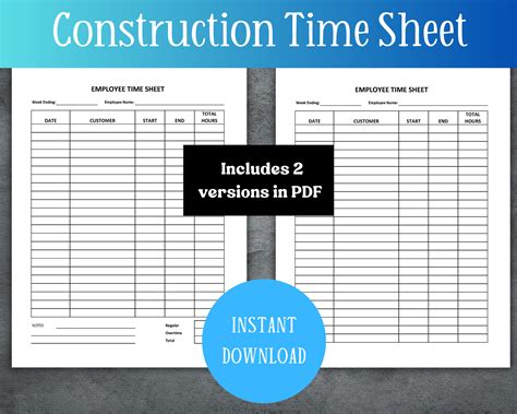 Printable Construction Weekly Timesheet Template