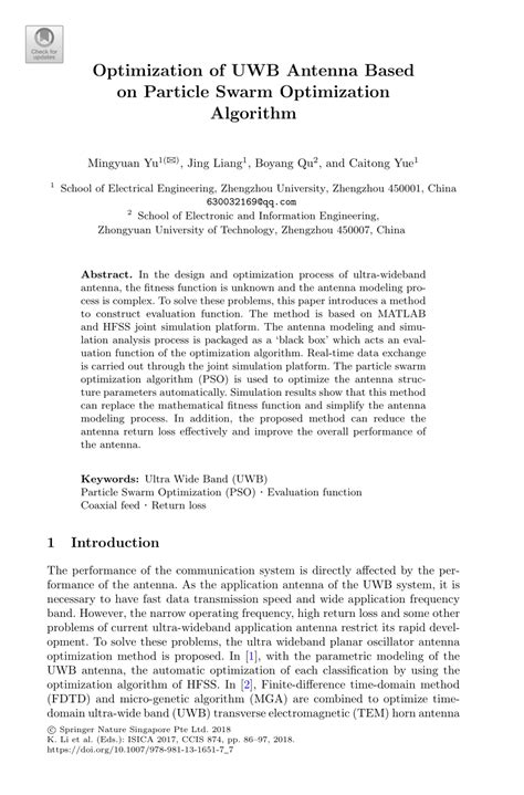 Pdf Optimization Of Uwb Antenna Based On Particle Swarm Optimization Algorithm