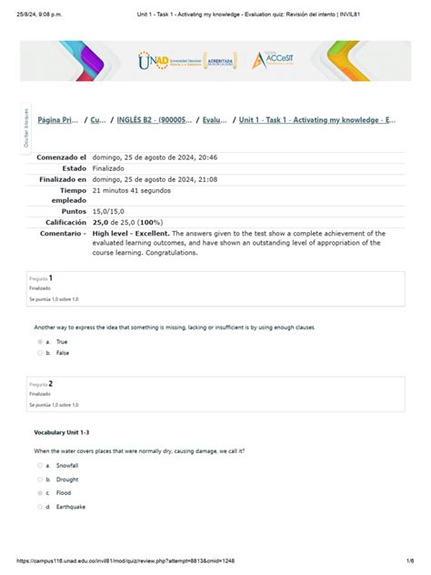 unit 1 task 1 activating my knowledge evaluation quiz revisión