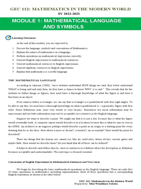 Lesson 1 Mathematical Language And Symbols Bshmandtm Pdf Numbers