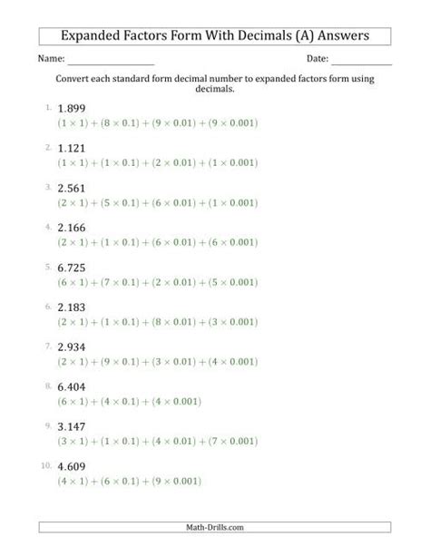 converting standard form decimals to expanded factors form using