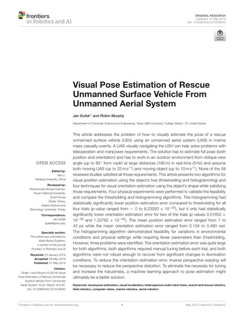 Pdf Visual Pose Estimation Of Rescue Unmanned Surface Vehicle From Unmanned Aerial System