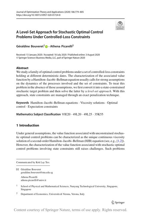 A Level Set Approach For Stochastic Optimal Control Problems Under