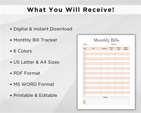 Editable Monthly Bill Log Bill Payment Checklist Tracker Printable Bill Pay Organizer Budget