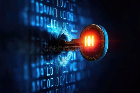 Glowing Key Unlocking Digital Code Abstract Blue Background Stock