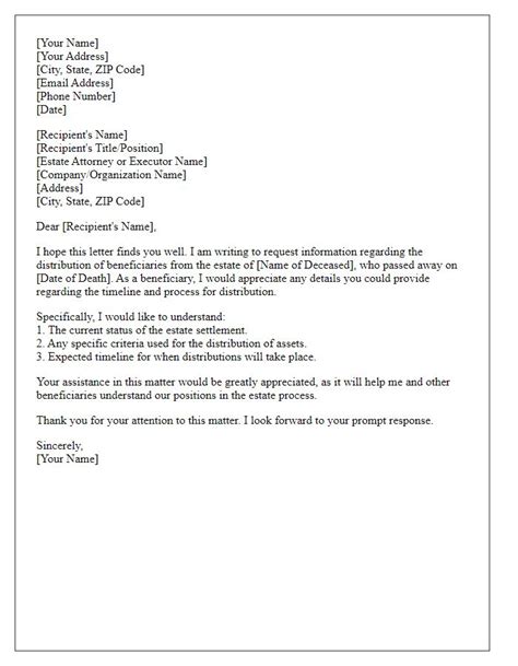 Letter Template For Beneficiary Estate Distribution Inquiry Free Samples In Pdf Letterin