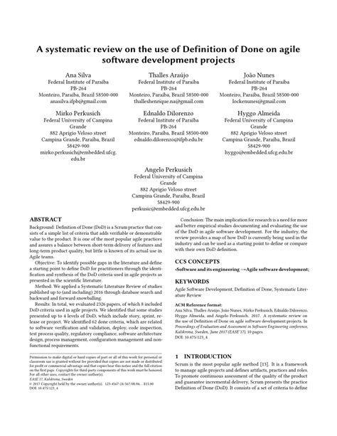 Pdf A Systematic Review On The Use Of Definition Of Done On Agile Software Development Projects