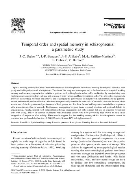 Pdf Temporal Order And Spatial Memory In Schizophrenia A Parametric