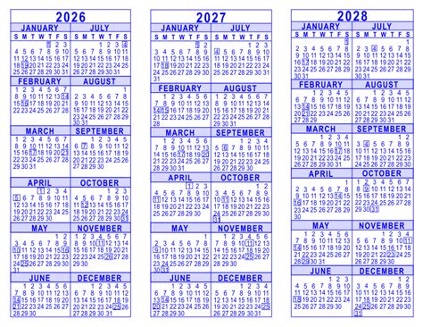 2026 2027 2028 3 Year Calendar Free Printable Downloads