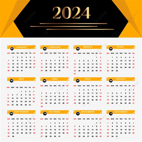 황금색과 노란색 기하학적 스타일의 2024 달력 벡터 달력 2024년 달력 연간 달력 Png 일러스트 및 벡터 에 대한 무료 다운로드 Pngtree