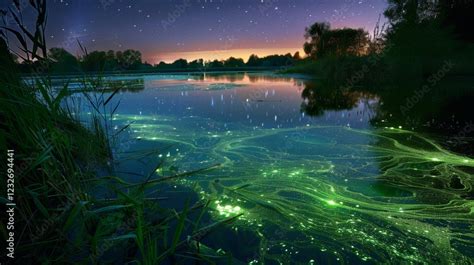 Glowing Bioluminescent Algae Illuminating Dark Water In Mesmerizing