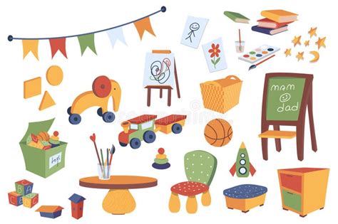 Kindergarten Interior Mega Set In Flat Design Bundle Elements Of Toys
