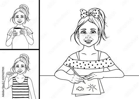 Daily Routine Coloring Page Outline Of Cartoon Cute Girl Coloring