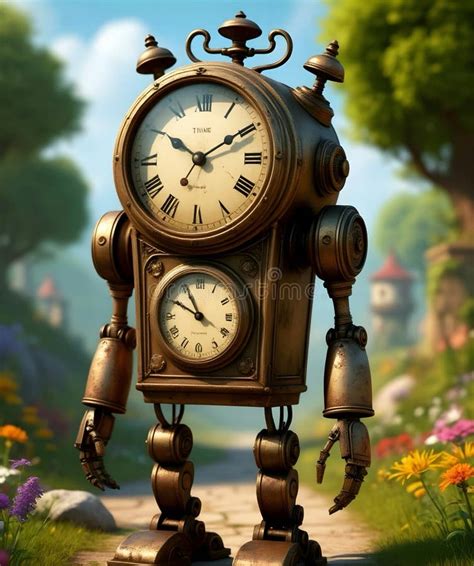 Cute Steampunk Clock Robot Character Stock Illustration Illustration