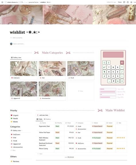 Wishlist Notion Template Coquette Pink Princess Theme 127 Notions Pink Shopping List Template