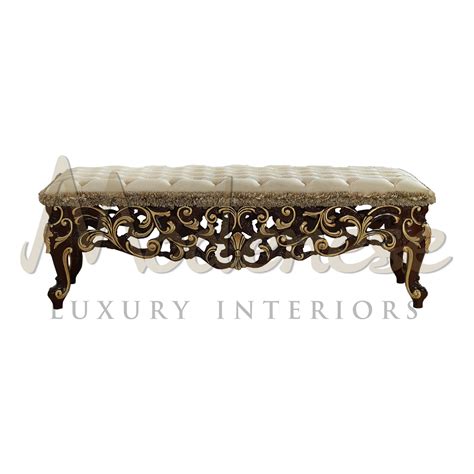 Handmade Carved Beige Upholstery Bench By Modenese
