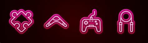 세트 라인 퍼즐 조각 장난감 부메랑 게임 패드 및 줄넘기 빛나는 네온 아이콘입니다 벡터 0명에 대한 스톡 벡터 아트 및 기타