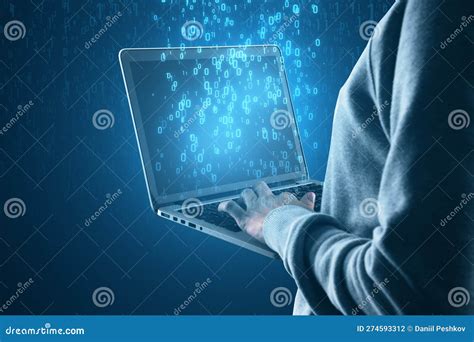 Close Up Of Hacker Holding Laptop With Abstract Glowing Binary Code Hologram On Blue Background