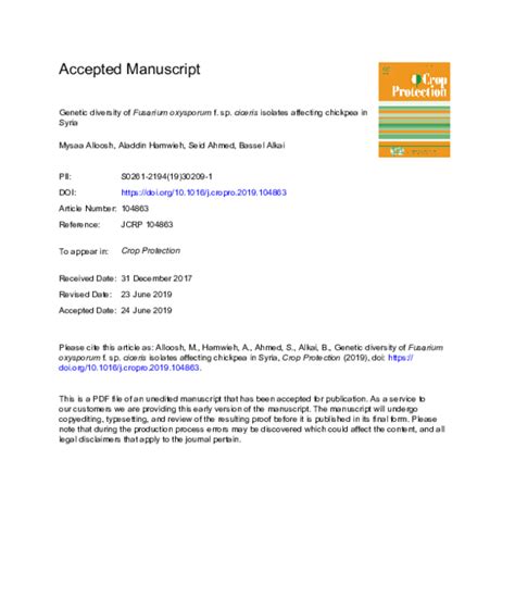 Pdf Genetic Diversity Of Fusarium Oxysporum F Sp Ciceris Isolates Affecting Chickpea In Syria