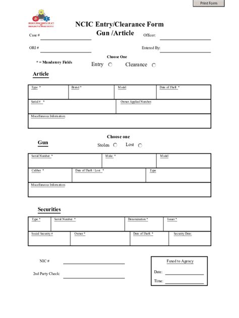 Fillable Online Ncic Entry Clearance Form Fax Email Print Pdffiller
