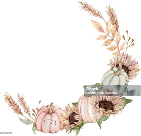 호박과 해바라기 밀의 귀가있는 수채화 원 모서리 프레임 추수 감사절 준비 10월에 대한 스톡 벡터 아트 및 기타 이미지 10