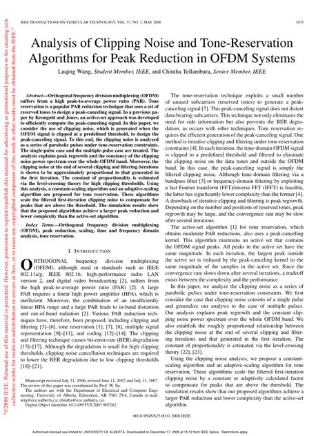 Pdf Analysis Of Clipping Noise And Tone Reservation Algorithms For Peak Reduction In Ofdm Systems