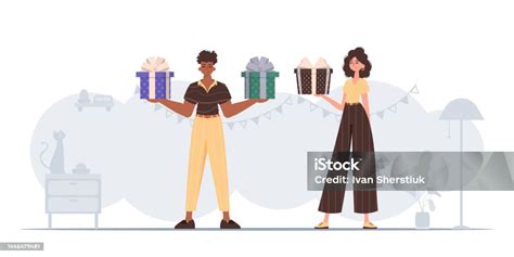 한 남자와 한 여자가 손에 선물 상자를 들고 있다 발렌타인 데이를위한 휴일 인사의 개념 가상현실에 대한 스톡 벡터 아트 및 기타 이미지 가상현실 고객 구도 Istock