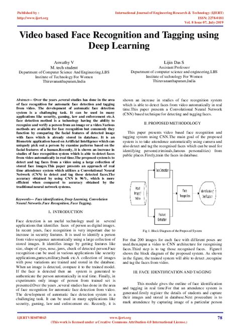 Pdf Ijert Video Based Face Recognition And Tagging Using Deep Learning