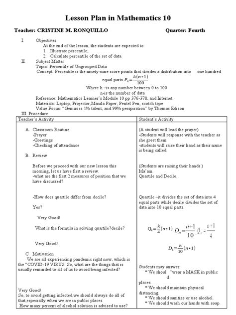 Lesson Plan In Mathematics 2 Percentile 4th Pdf Percentile