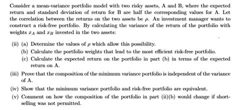 Solved Part Iii Please Consider A Mean Variance Portfolio Model With