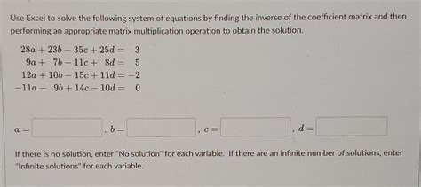 Solved Use Excel To Solve The Following System Of Equations