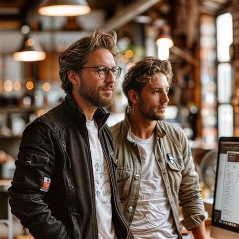 Two Men Are Standing In Front Of A Computer Screen Premium Ai