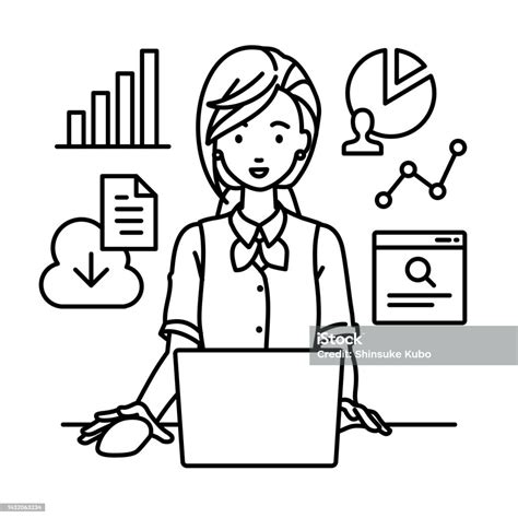 웹 사이트 검색 클라우드에서 파일 공유 분석 및 책상에서 보고서를 만들기 위해 랩톱 컴퓨터를 사용하여 사무 복을 입은 여성 검색에 대한 스톡 벡터 아트 및 기타 이미지