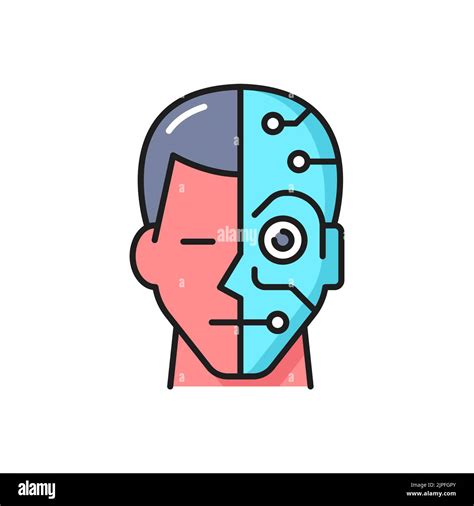 Artificial Intelligence Robotic Technology Outline Icon With Human And Cyborg Face Intelligent