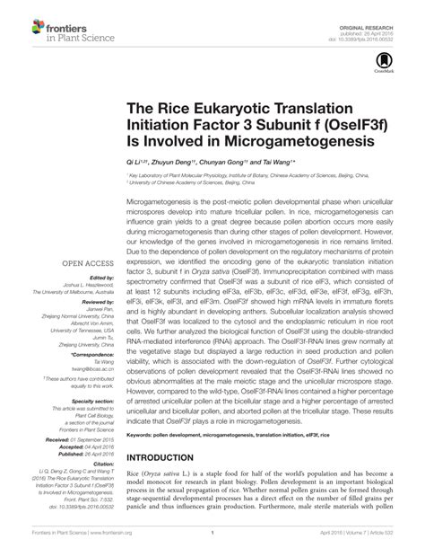 Pdf The Rice Eukaryotic Translation Initiation Factor 3 Subunit F Oseif3f Is Involved In