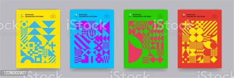 바우하우스 기하학적 패턴 배경 벡터 원 삼각형 및 사각형 모양 아트 디자인 모던 칼라 바우하우스 스위스 무늬 배경 및 포스터 세트 0명에 대한 스톡 벡터 아트 및 기타