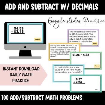 Add And Subtract With Decimals Review Math Practice Editable By ScrapNteach