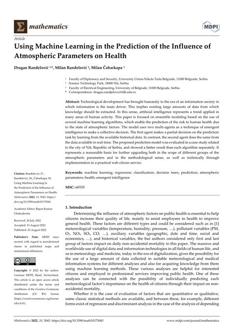 Pdf Using Machine Learning In The Prediction Of The Influence Of Atmospheric Parameters On Health
