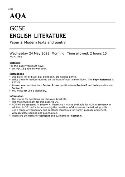Aqa Gcse English Literature Paper 1 And 2 June 2023 Question Papers And Mark Scheme Stuvia Us