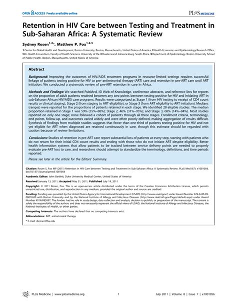 Pdf Retention In Hiv Care Between Testing And Treatment In Sub Saharan Africa A Systematic Review