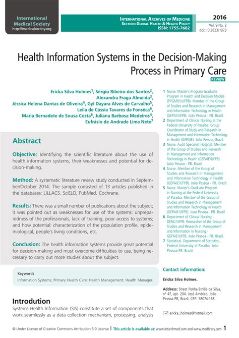 Pdf Health Information Systems In The Decision Making Process In Primary Care