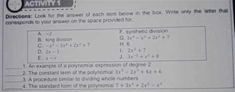 Solved Activity 1 Directions Look For The Answer Of Each Item Below