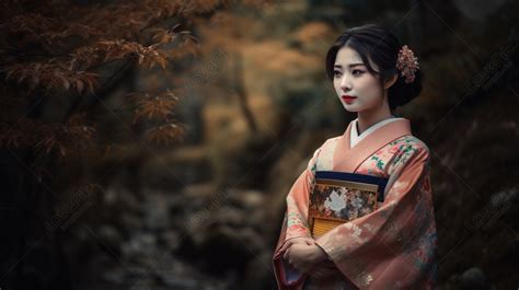 아름다운 나무를 배경으로 포즈를 취한 기모노를 입은 소녀의 매혹적인 이미지 키모노 배경 소녀 배경 모노 배경 이미지 Hd 키모노 소녀 모노 배경 사진 무료