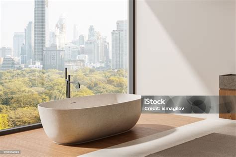 독립형 욕조가 있는 현대적인 욕실 인테리어와 대형 창문을 통해 도시 전망을 감상할 수 있습니다 미니멀한 디자인 3d 렌더링 0명에 대한 스톡 사진 및 기타 이미지 Istock